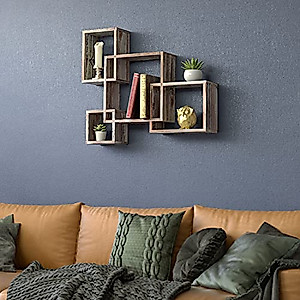 J JACKCUBE DESIGN Rustic Wood Shelves -Floating Intersecting Wall Shelves with 4 Cubes, Wall-Mounted Square, Antique Style Shadowbox, Decorative Collection Display Organizer. MK512A