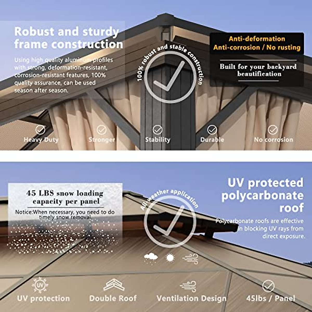 Jolydale 10X13 Hardtop Gazebo, Aluminum Frame with Double Mesh Screen, Brown Curtain and Net,UV Protection, Suitable for Patios, Decks, Gardens