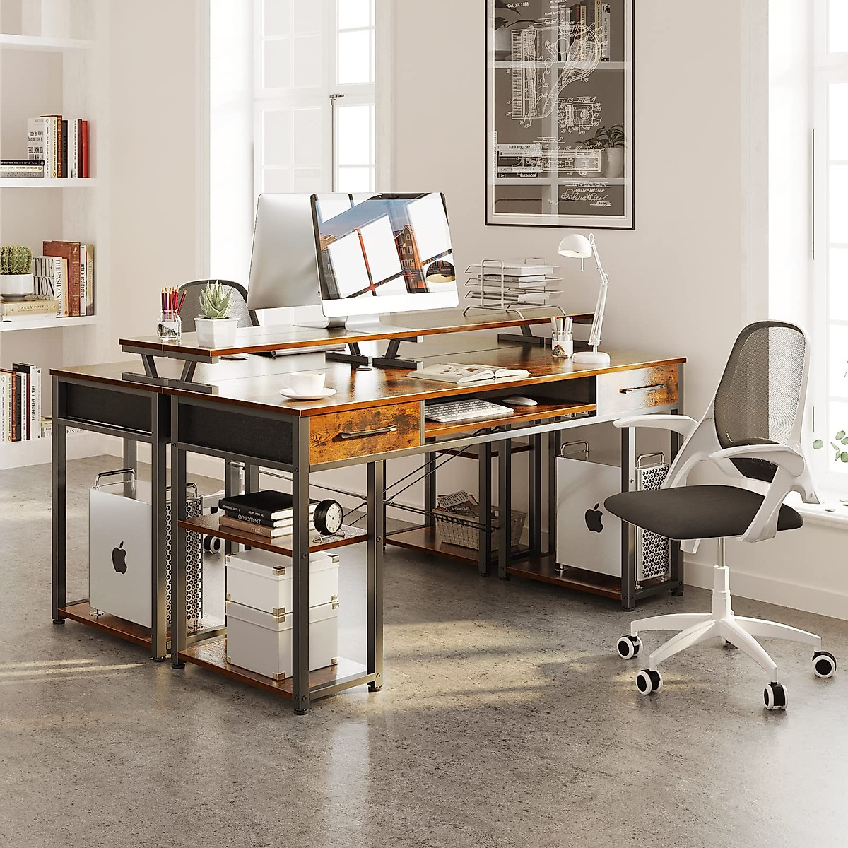 ODK Computer Desk, 48 inch Office Desk with Keyboard Tray, Writting Desk with Drawers and Monitor Stand, Study Table with CPU Stand and Removable Shelf for Storage, Rustic Brown