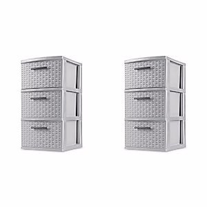 3 Drawer Weave Storage Tower Set of 2, Plastic Decorative Drawers to Organize Clothes in Bedroom with Gray Drawers