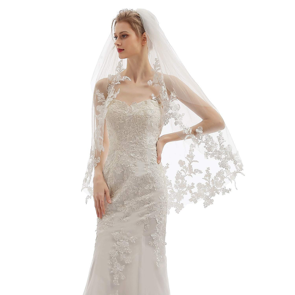 ELAWBTY Womens 2 Tier Fingertip Length Short Lace Wedding Bridal Veil With Comb X07 Ivory