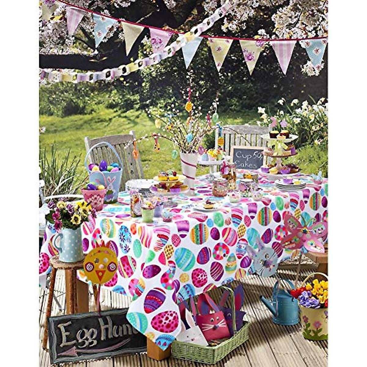 SoarDream Easter Tablecloth Rectangle 57x84 Inches Colorful Eggs Printed Table Linen Happy Funny Table Cover Spring Outdoor Party Table Decoration