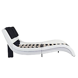 CEMKAR Modern upholstered Platform Bed Frame with LED Lighting, Bluetooth Playback and backrest Vibration Massage, Faux Leather Wavy Platform Bed Frame with Wooden Slat Support White+Black