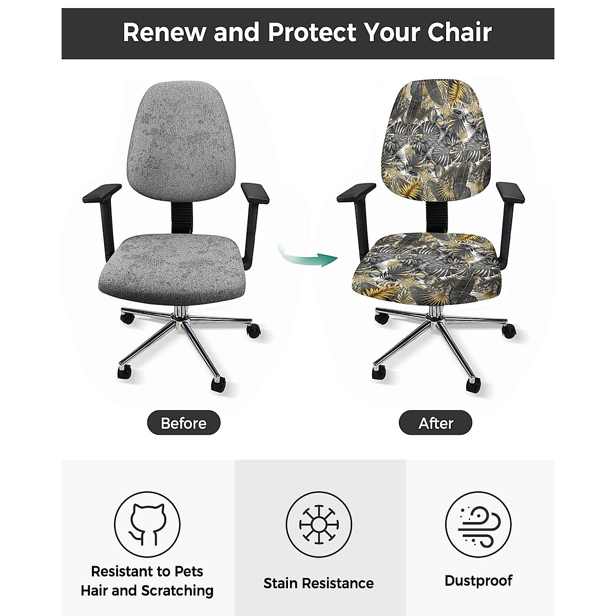 Jolunifun Palm Tree Office Chair Covers Stretchable 2 Piece, Soft Decorative Computer Desk Chair Cover Protector Universal Rotating Chair Slipcover Luxurious Gold Black Summer Tropical Leaves