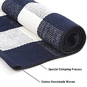 LEEVAN Cotton Buffalo Plaid Outdoor Rugs 2x4 ft Checkered Front Porch Rug Washable Woven Welcome Braided Door Mat for Layered Kitchen Farmhouse Bathroom Entryway Throw Carpet, Navy Blue and White