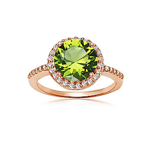 Ice Gems Rose Gold Flashed Silver Simulated Peridot and Cubic Zirconia Round Halo Ring, Size 7