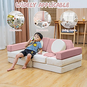 Stmoze 13PCS Modular Kids Play Couch, Kids Couch with Washable Velvet Cover, Modular Couch for Boys and Girls, Convertible Foam and Floor Cushion for Nursery Playroom, Pink & Beige