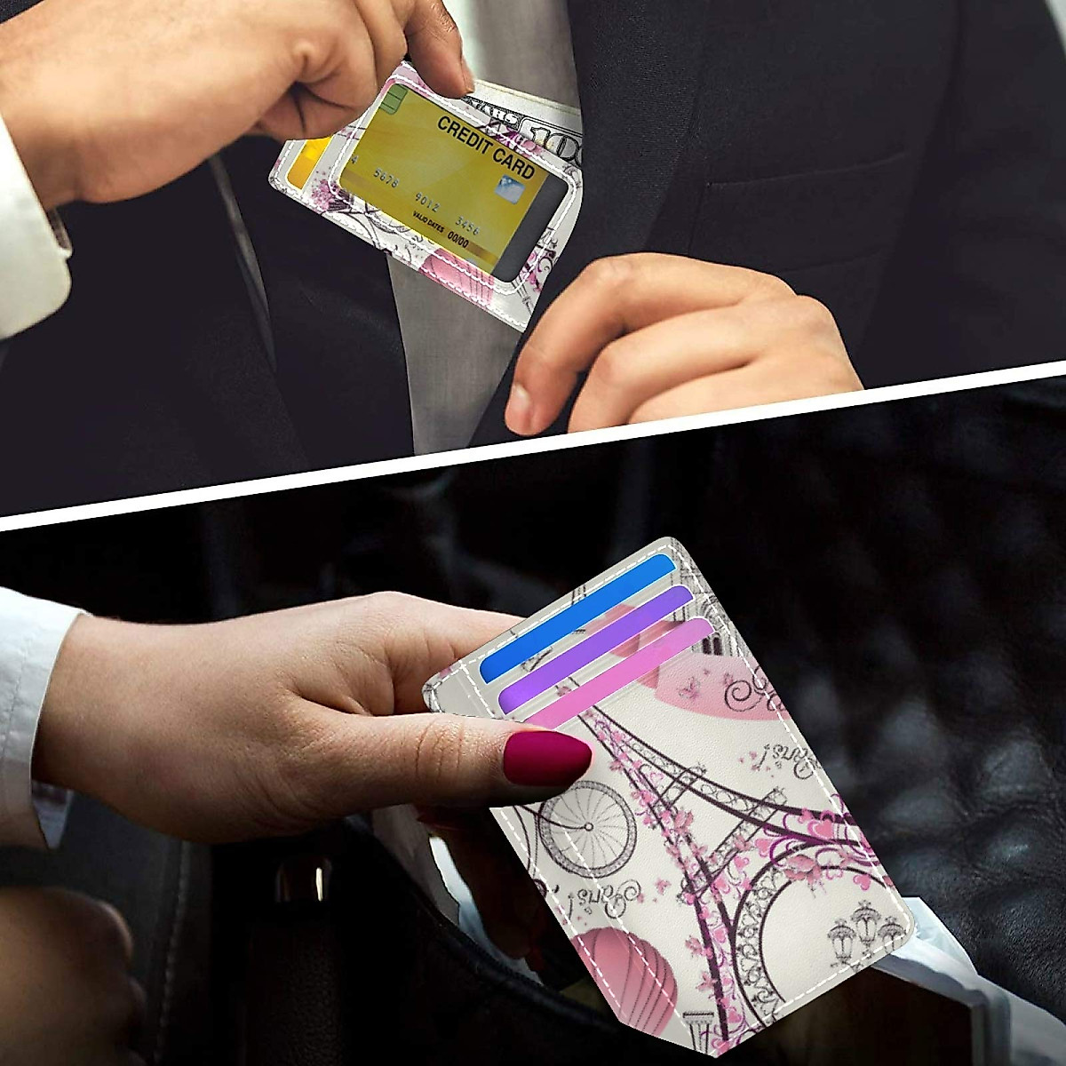Linomo Thin leather Card Holder and Money Clip Pink Flower Paris Eiffel Tower Wallet RFID Blocking for Men & Women