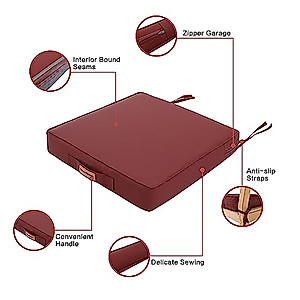 Faible Poisson Outdoor Chair Cushions, 20 x 20 Inch Waterproof Patio Furniture Back & Deep Seat Cushion Set with Handle and Anti-Slip Straps for Indoor Garden Camping, Plain Brick Red