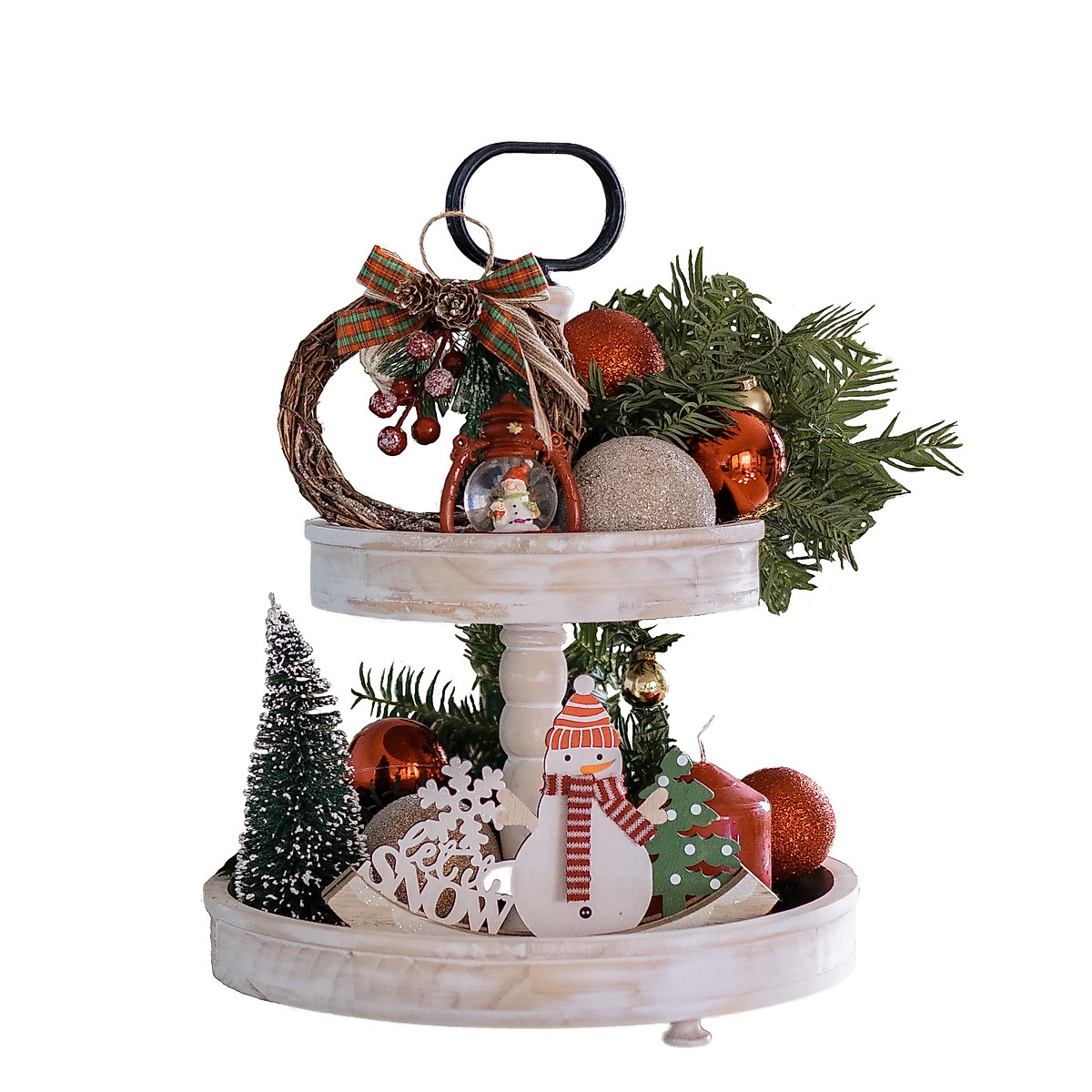 BonzaiKit Two Tier Wood Tray with Wooden Beads - Farmhouse Rustic 2 Tiered Serving Stand for Kitchen & Home Decor - Cupcake Stand with Metal Holder