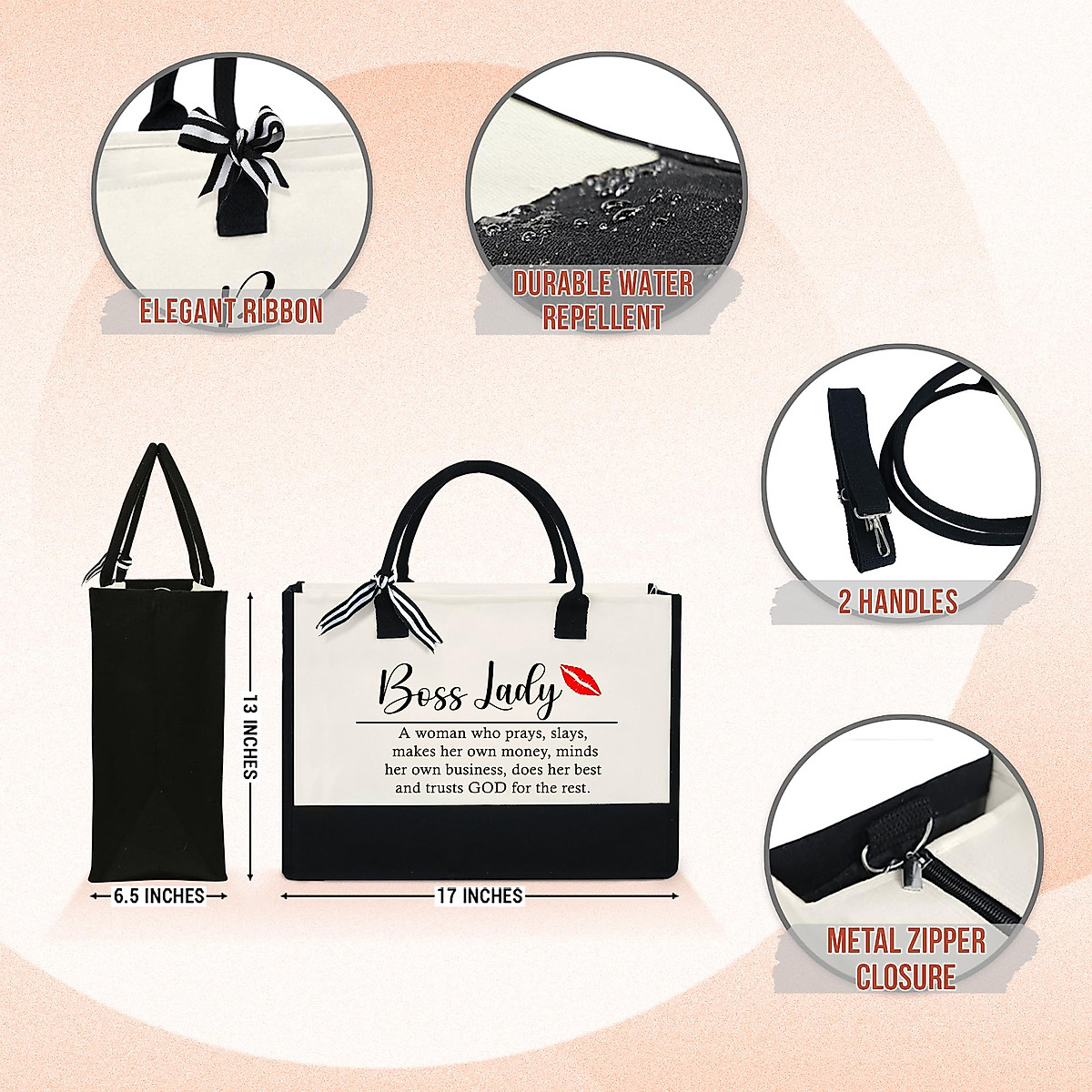 Boss Lady Gift Tote Bag, Leaving Moving Appreciation Retirement Birthday Christmas Gifts for Boss, Leader, Boss Lady, Manager Director, Women, 13oz Canvas Tote Bag With Zipper For Women