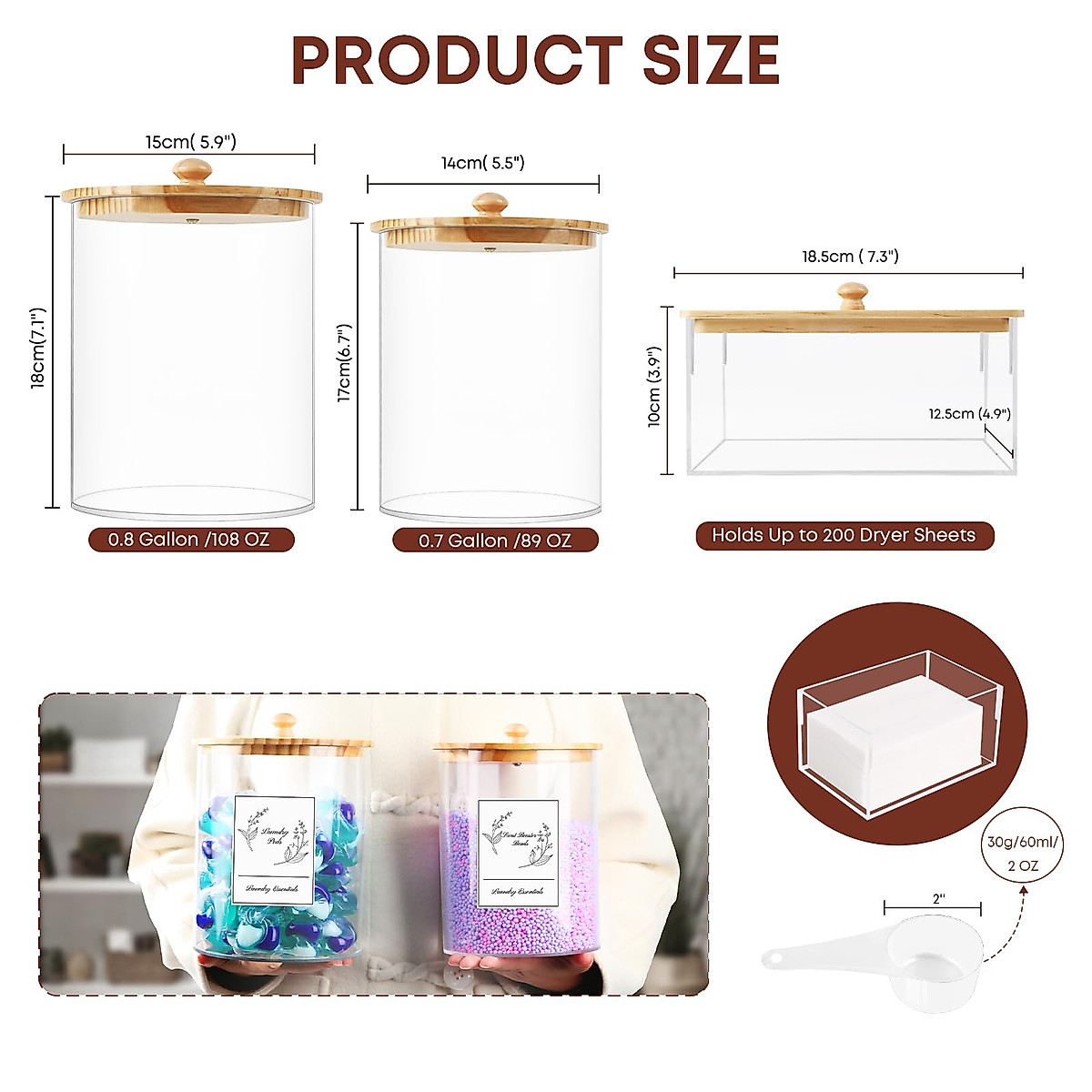 COAZEX 3 Pack Acrylic Laundry Powder Container & Dryer Sheet Holder, Large Laundry Room Organization Jars and Storage Box Dispenser with Lid, Labels & Scoop for Powder, Detergent, Scent Booster