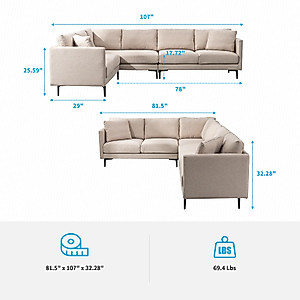 Mjkone 107" Modern Linen Sectional L-Shaped Couch, Convertible L Shaped Sofa with 2 Cushions, Oversized 5 Seat Corner Sofa Couch Set with Sturdy Legs for Living Room Apartment - Beige