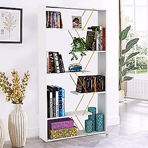 Ymlpre 62" Bookshelf, 6 Tier Free Standing Bookcase Organizer Modern Kitchen Shelves White Wood Open Shelves, Vintage Storage Display Rack for Living Room, Bedroom Home Office, White/Yellow