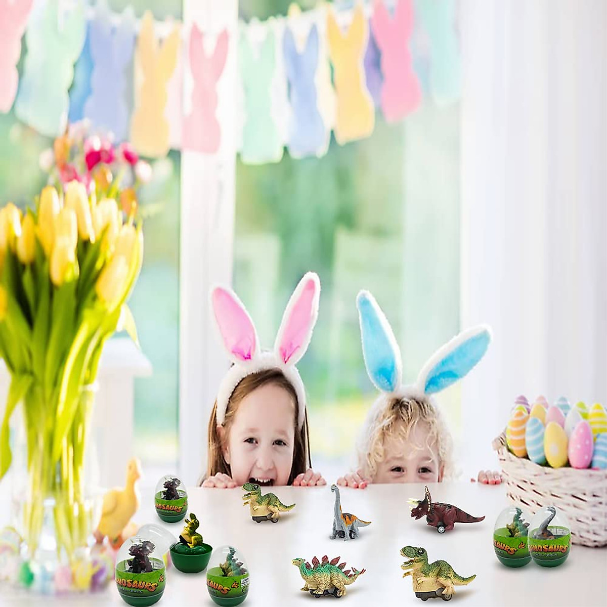 Easter Egg Prefilled with Dinosaur Pull Back Cars Toys, 4 Pcs Jumbo T-Rex Triceratops Dino for Basket Stuffers, Party Favors, Gift Kids Toddlers Boys Girls