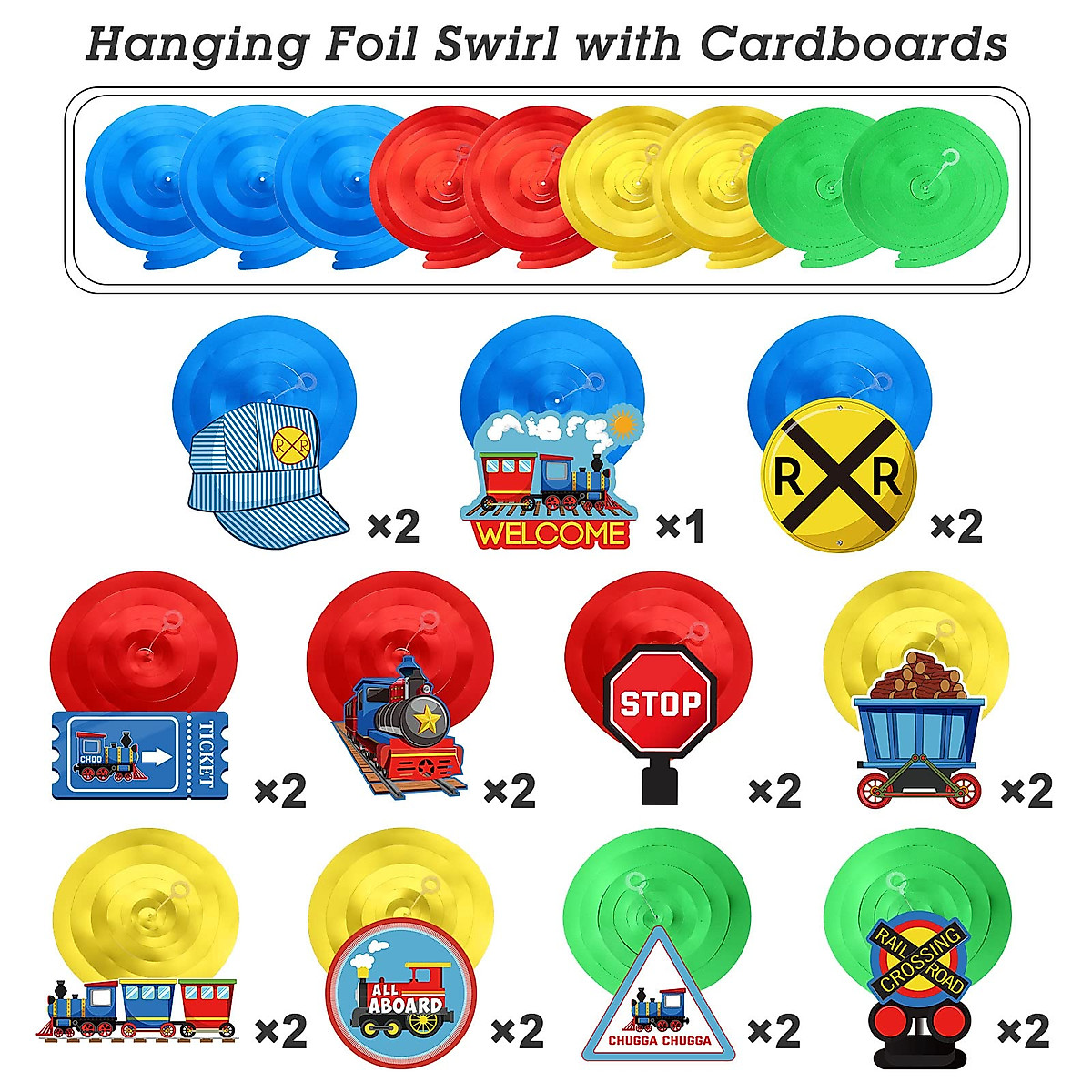 51 Pieces Train Birthday Party Supplies Decorations Transportation Hanging Swirls Steam Train Ceiling Decor for Railroad Traffic Sign Party I'm Two Party Baby Shower Favors Supplies