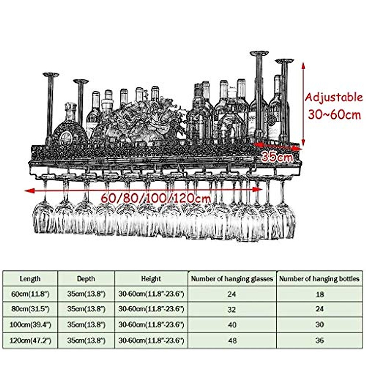 Ceiling Iron Wine Rack, Adjustable Height, Ceiling Mounted Hanging Wine Bottle Holder, Upside Down Champagne Glass Rack, Stemware Goblet Rack, Bar Home Decor
