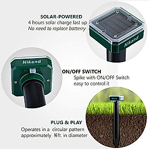 NIKAND Solar Mole Repellent Ultrasonic 4 Pack Outdoor Powered Sonic Deterrent - Mole Stopper Scare Vole for Lawn Garden Yard Home - Groundhog Repeller Snake Rodent Gopher Spikes Chaser Pest (4 Pack)