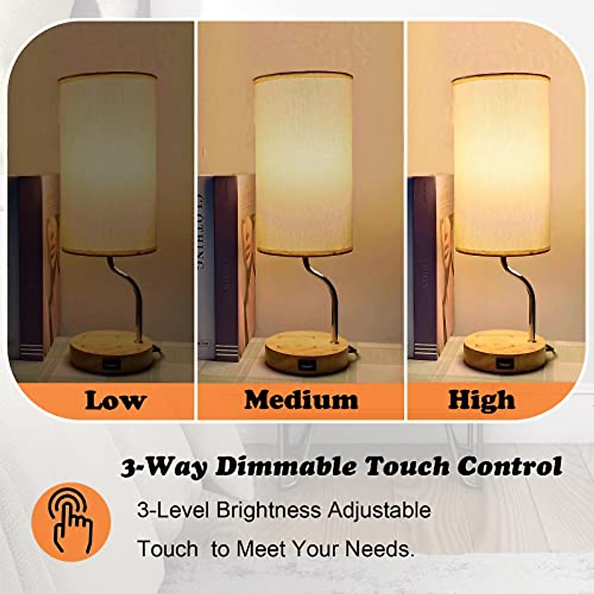 Unfusne Bedside Lamp with Wireless Charger,Nightstand Lamp with USB Port,Dimmable Modern Table Lamp,Touch Lamps for Bedrooms Living Rooms Beside Table,5W Bulb Included