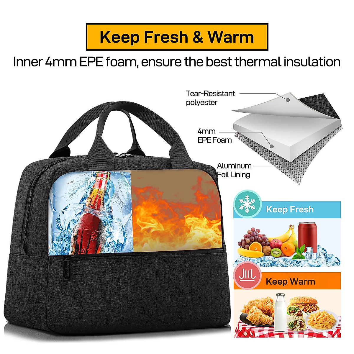 HOMESPON Insulated Lunch Bag Lunch Box Cooler Tote Box Cooler Bag Lunch Container for Women/Men/Work/Picnic,Large black