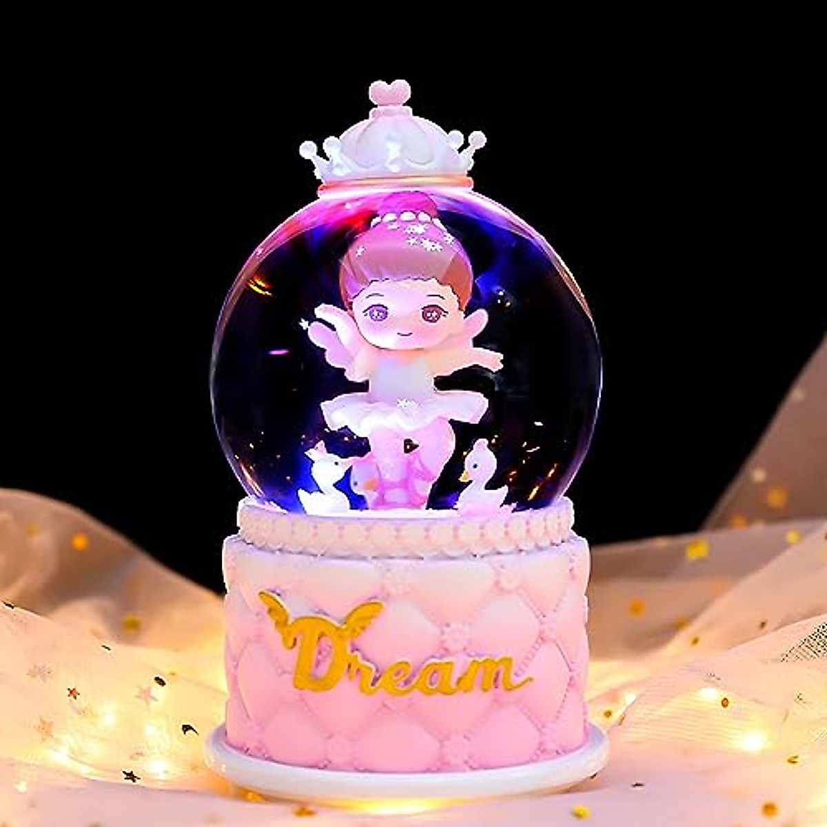 Ballerina Snow Globe, 80mm Water Globe Music Box with Color Changing LED Lights for Wife Girlfriend Daughter Girls Birthday Christmas Valentine (Pink)
