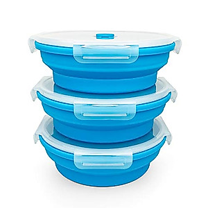 CARTINTS 1100ml Large Collapsible Food Storage Containers with Lids Silicone Food Container Collapsible Silicone Leftover Containers, Microwave Freezer Safe, For Camping Travel, 3Pack, Blue
