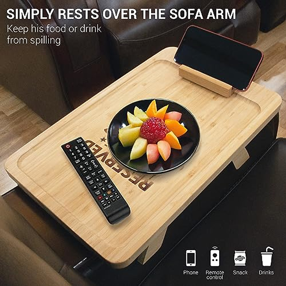 HUGGIB Natural Bamboo Sofa Arm Tray, 12.8 in Width, 12 in Length, 5.5 in Height, with 360 Rotating Bracket for Convenient Use