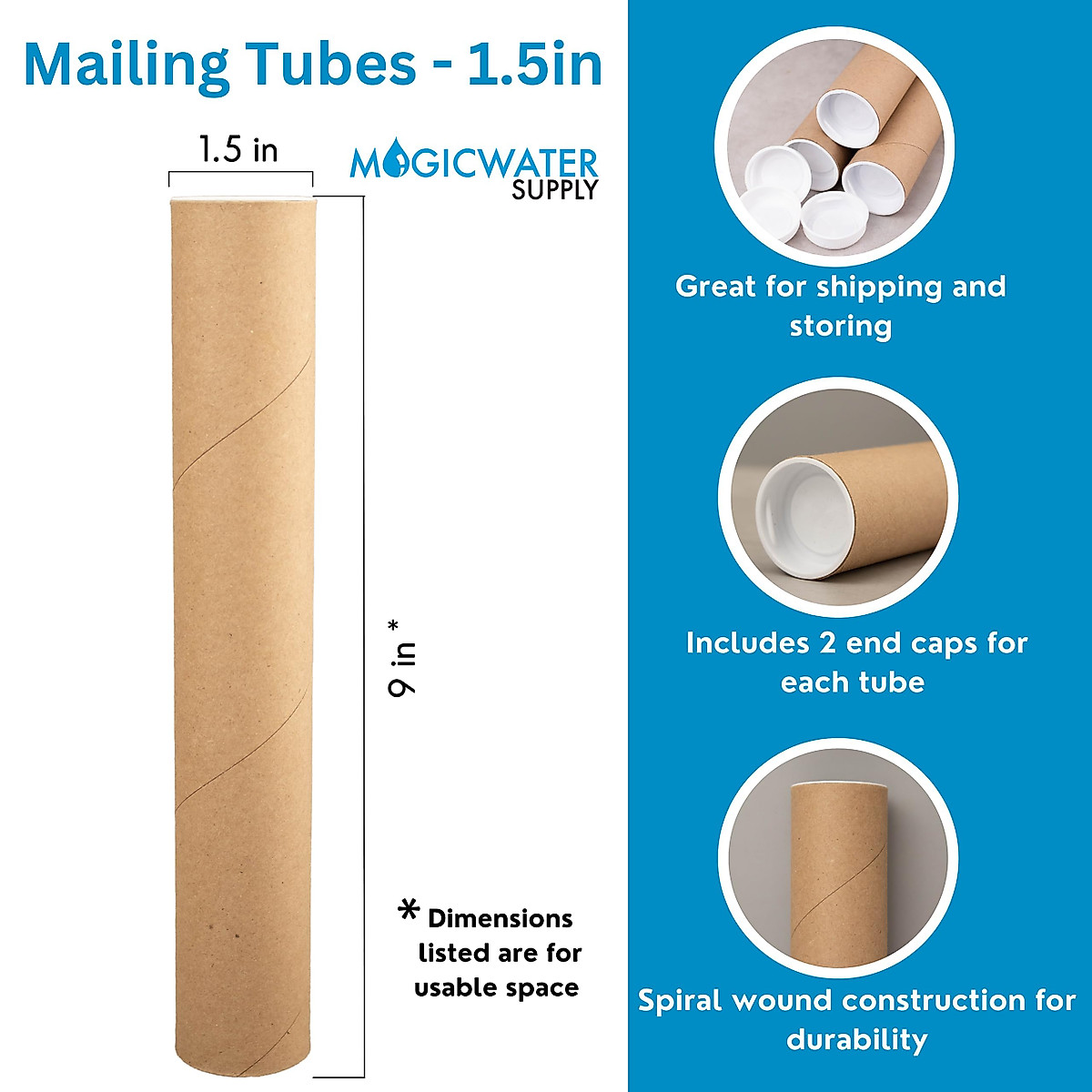 MagicWater Supply Mailing Tube - 1.5 in x 9 in - Kraft - 4 Pack - for Shipping and Storage of Posters, Arts, Crafts, and Documents