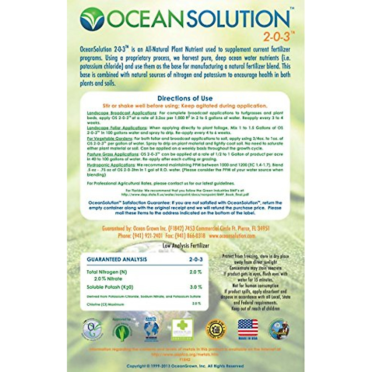 OceanSolution 2-0-3 - Plant Food - Liquid Organic Fertilizer for Gardens, Landscapes, Hydroponics (Organic Ocean Mineral Fertilizer Concentrate 32 Ounces)