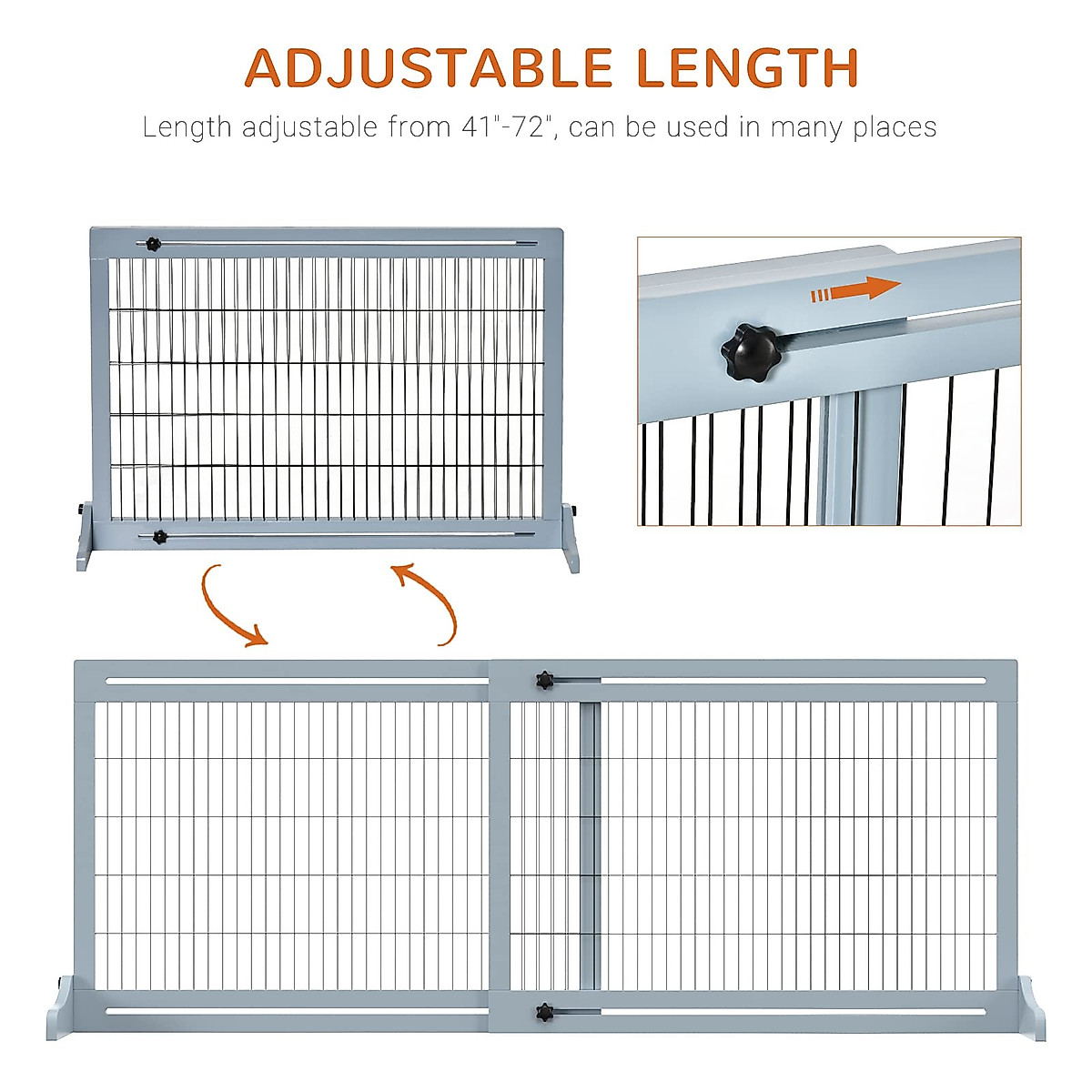 PawHut 72" W x 27.25" H Extra Wide Freestanding Pet Gate with Adjustable Length Dog, Cat, Barrier for House, Doorway, Hallway, Gray