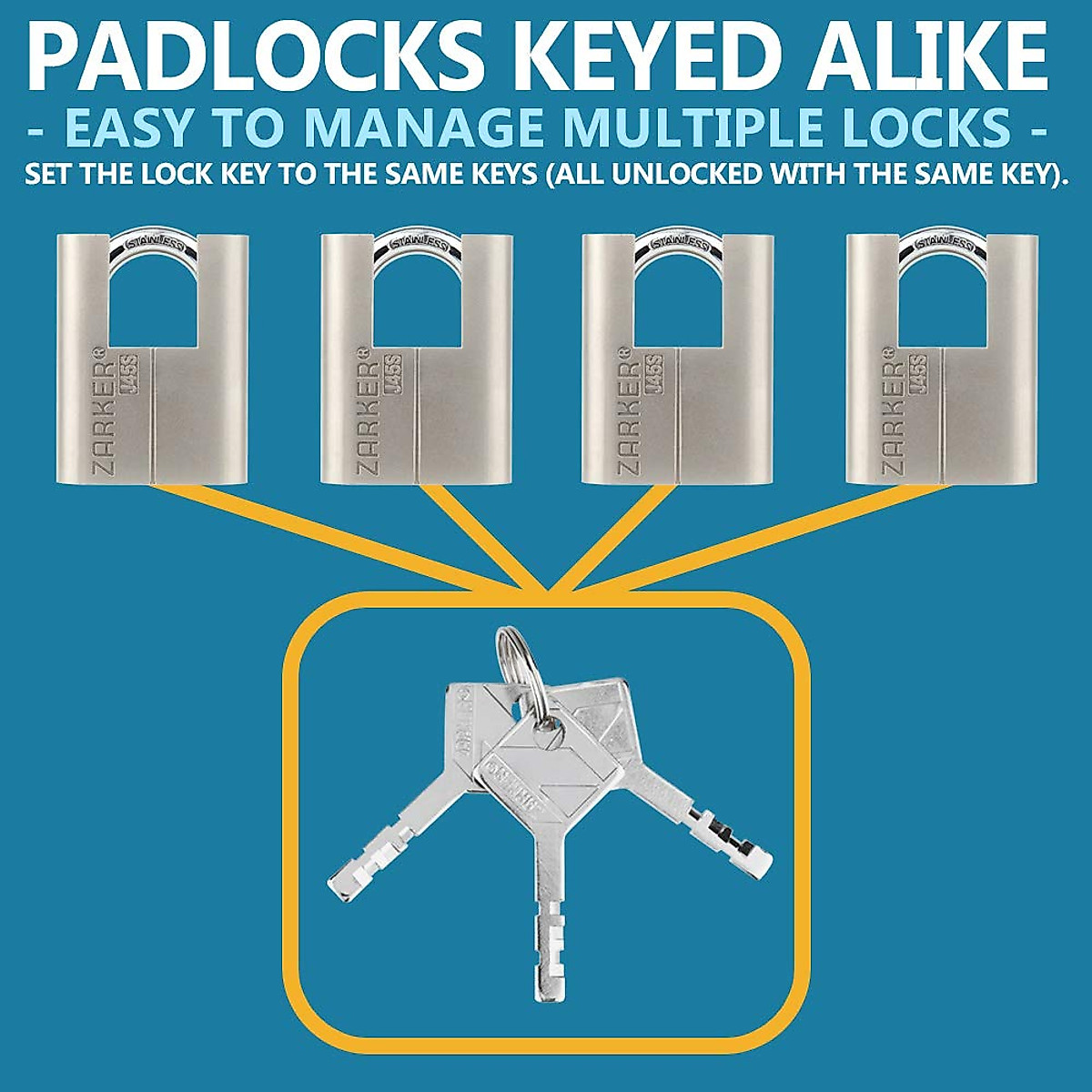 Zarker keyed Alike Padlocks, Heavy Duty Stainless Steel Shackle Lock, Waterproof and Rustproof Storage, Warehouses, Garage, Outdoors, J45S, 4-Pack