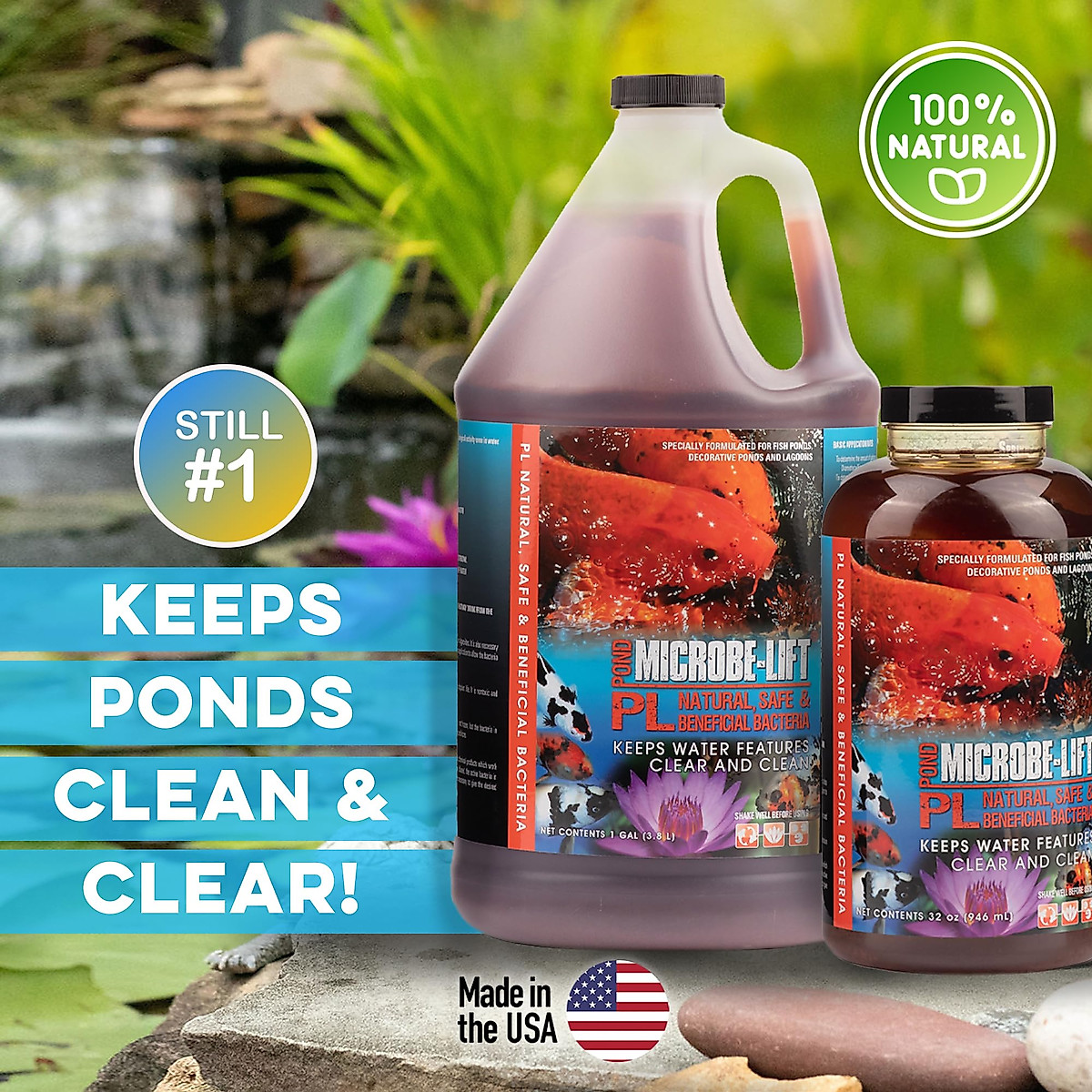MICROBE-LIFT PL Pond Bacteria and Outdoor Water Garden Cleaner, Safe for Live Koi Fish, Plant Life, and Decor, 1 Gallon