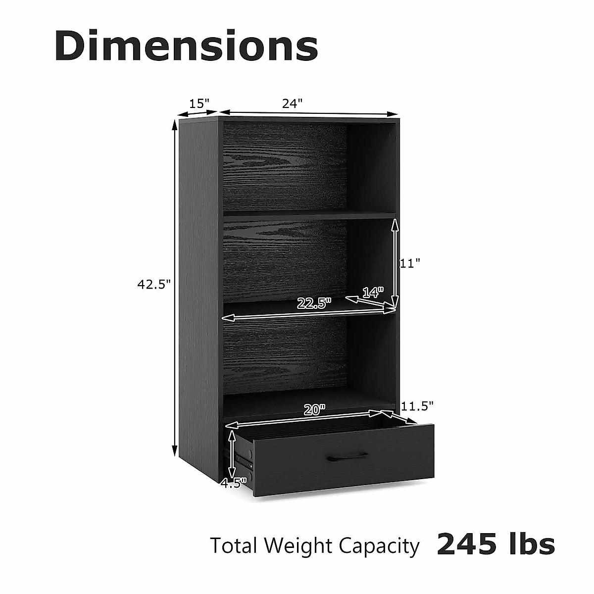 Giantex 4 Tier Bookcase with Drawer, 42.5" Tall Floor Standing Organizer Display Storage Shelves with Anti-toppling Device, Wood Open Shelf Bookshelf for Kids Room, Living Room, Study, Black