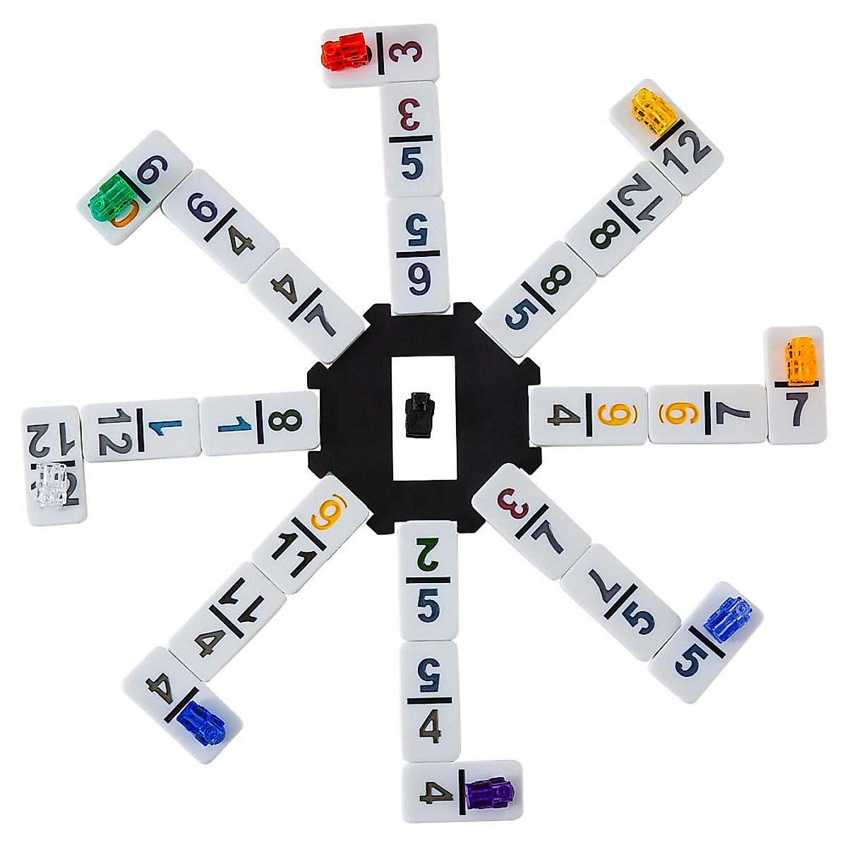 Homwom Mexican Train Dominoes with Numbers Double 12 Colored Numerical Dominoes Mexican Train Game Set 91 Tiles Dominoes with 9 Trains, Scoreboard, Octagon Shape Hub and Aluminum Case