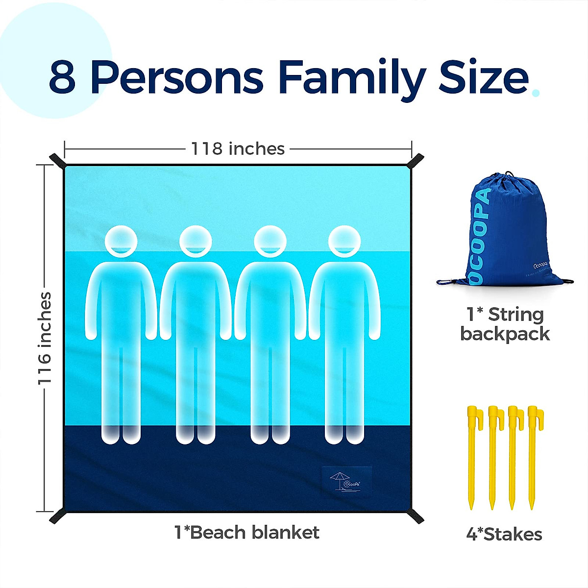 OCOOPA Beach Blanket, Extra Large Sandproof Waterproof, Picnic Mat, 8 Persons Family Size, Sand Free, Comfortable, Durable Parachute Nylon 210T, Lightweight, 4 Stakes&1 Travel Bag, S09