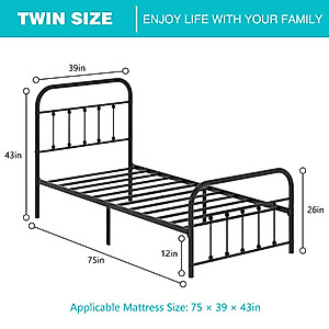 Walsunny Classic Metal Platform Bed Frame Mattress Foundation with Victorian Style Iron-Art Headboard/Footboard, Under Bed Storage, No Box Spring Needed, Twin Size