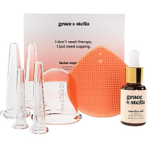 Facial Cupping (7-Pc Set) - Face Cupping Set - Facial Suction Cups With Jojoba Oil & Cleansing Brush To Reduce Appearance Of Fine Lines - Face Suction Cup Set For Lymphatic Drainage by grace & stella