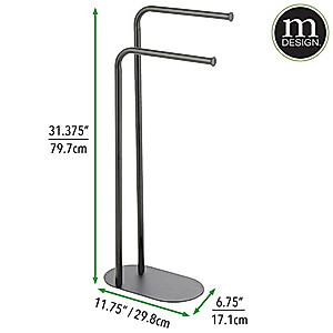 mDesign Tall Stainless Freestanding Towel Rack Holder - 2 Tier Minimalist Pedestal Hanger Holders for Kitchen and Bathroom - Racks for Bath, Hand, Dish, and Tea Towels or Washcloths - Graphite Gray