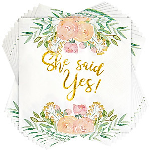 Sparkle and Bash 50 Pack Gold Foil She Said Yes Napkins for Engagement Party Supplies, Bridal Shower Decorations, Luncheon, Wedding Decor, Disposable, 3-Ply (White, 5 x 5 Inches)