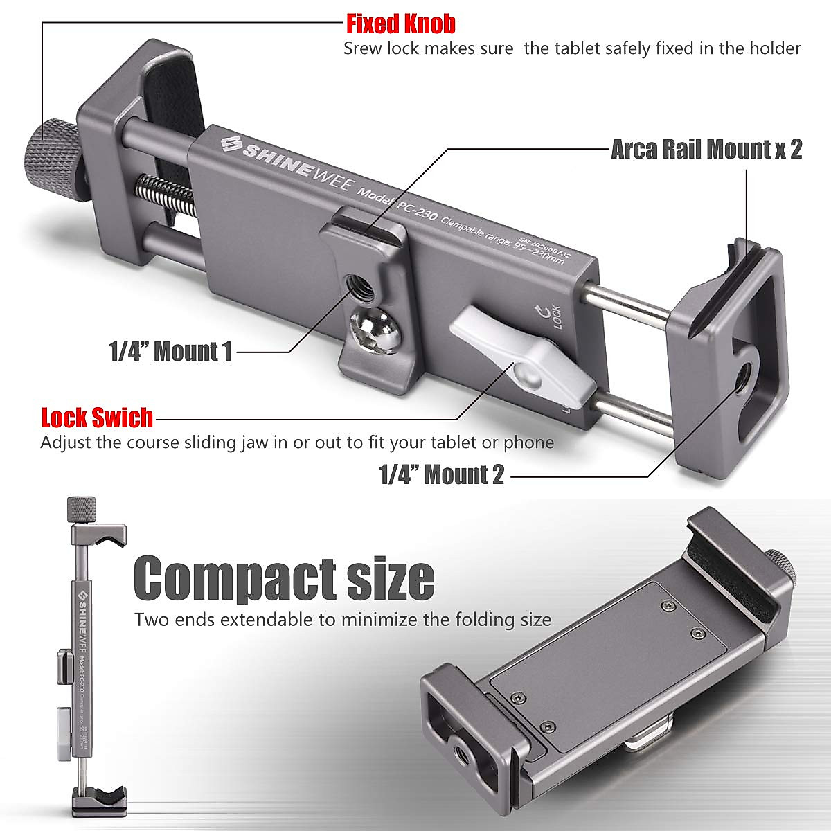 SHINEWEE Metal iPad Holder for Tripod Mount, 1/4" Screw, Acra/RRS Rail Plate Mounts, Fits iPad 1 2 3 4 5 Mini Air Pro,Universal Tablet iPad Clamp Holder Tripod Adapter