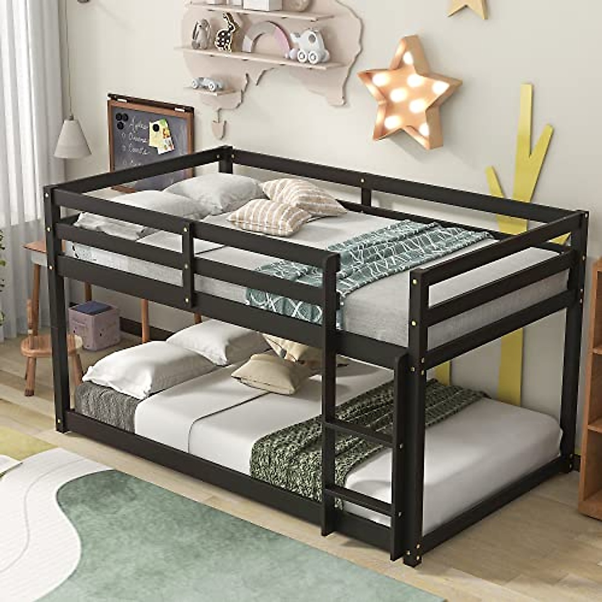 HomSof Twin Over Twin Floor Bunk Bed,Espresso, Espresso