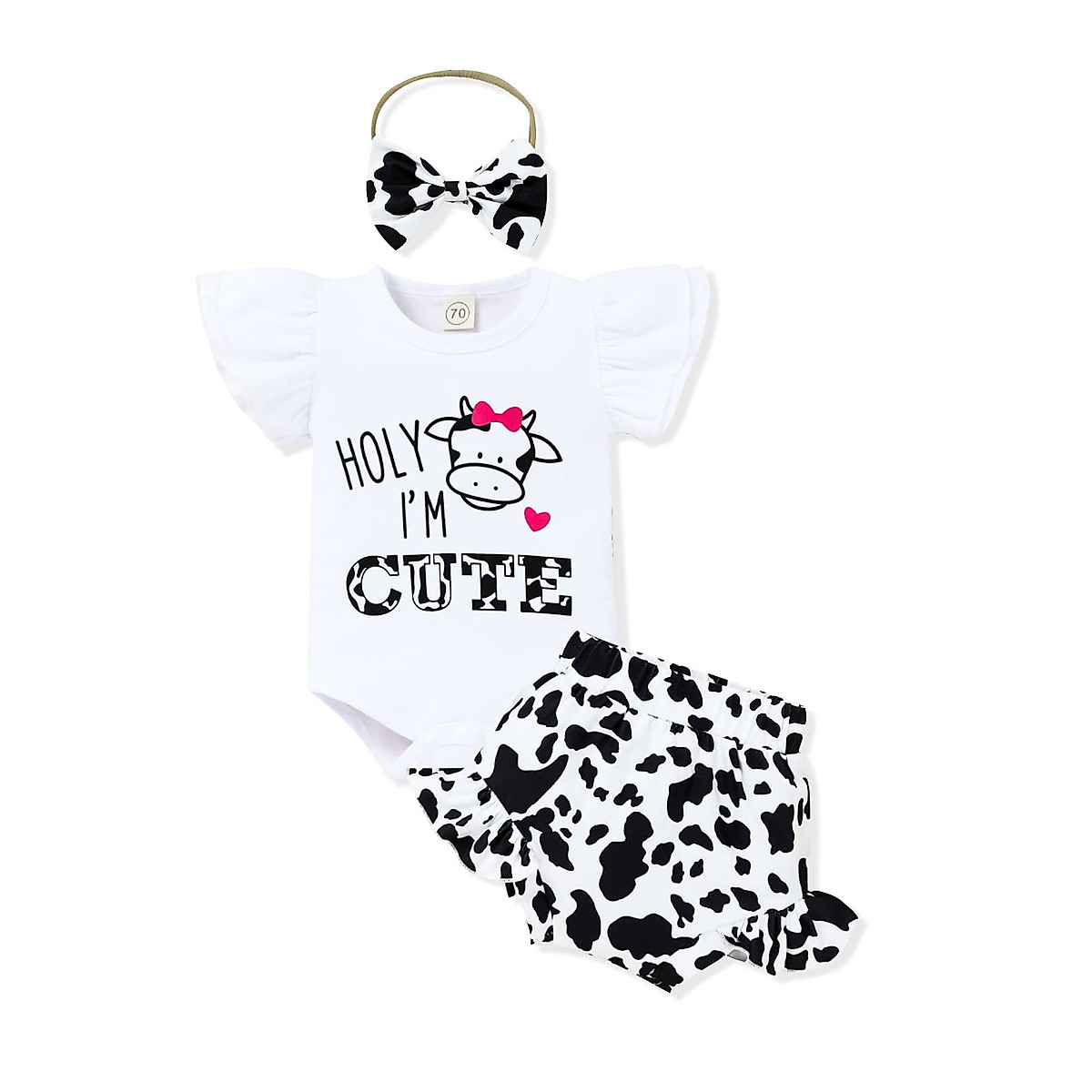 Viworld Newborn Baby Girls Clothes Ruffles Sleeve Romper Cows Printed Bottoms Diaper Shorts with Headband 3Pcs Outfits(White Cows,0-3M)