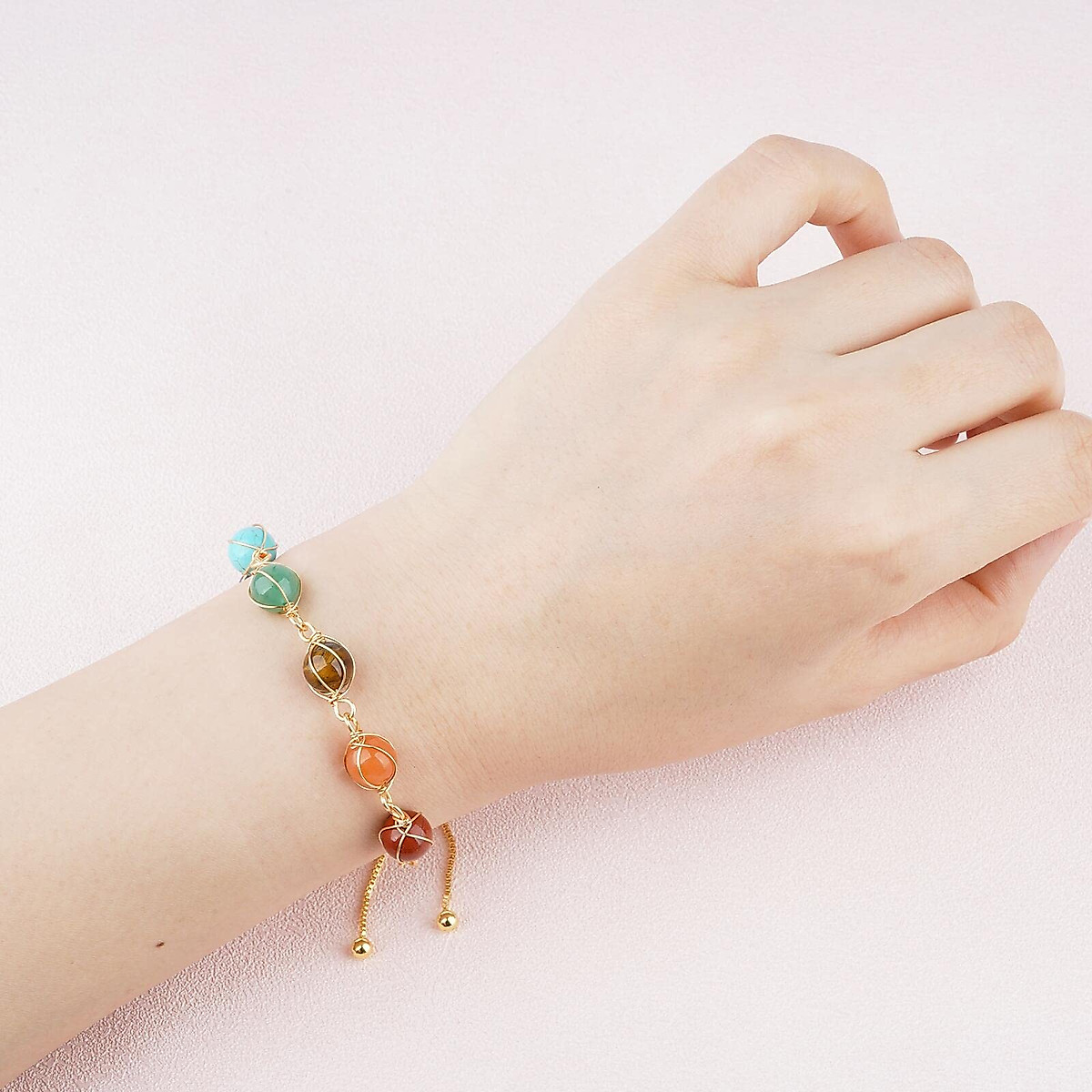 ASGIFT 7 Chakra Bracelet Adjustable 14K Gold Wire Wrapped 8mm Gemstone Beads Yoga Medititaion Bracelet Natural Crystal Stones Stretch Cuff Bracelets Jewelry for Women Girlfriend