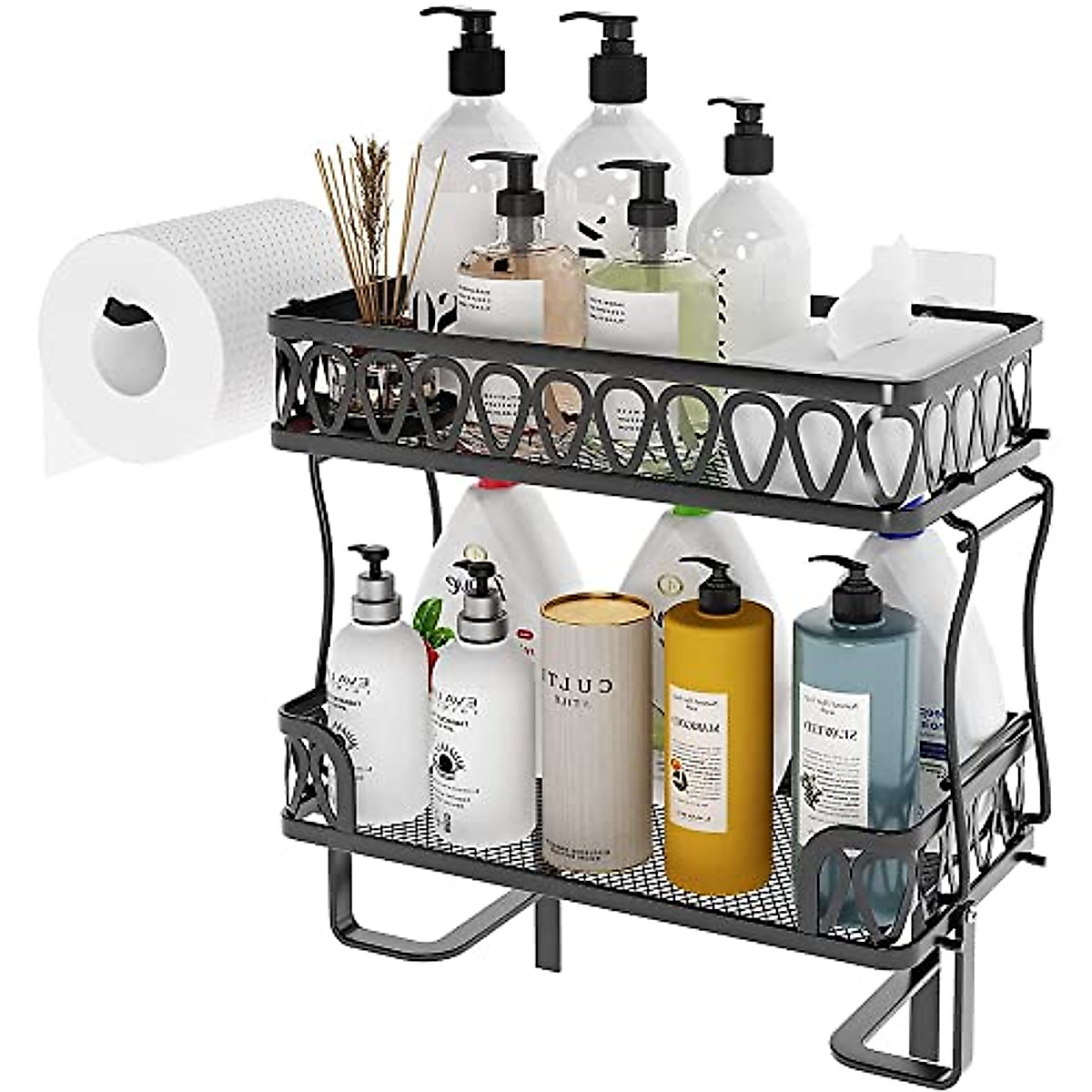 ZONEEAKO 2-Tier Toilet Storage Rack with Toilet Paper Holder and Mesh Design - Black, Durable Carbon Steel Material, Space-Saving, Easy to Assemble and Clean, Ideal for Bathroom Use (Black)