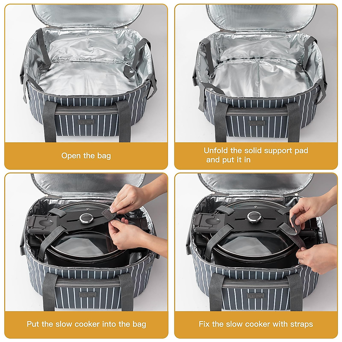 Fun Elements Double Layer Slow Cooker Carrier Bag for 6-8 Quart Oval CrockPot, Insulated Crock Pot Travel Bag with Support Pad and Adjustable Straps, Top Zip Compartment and Front Pocket for Utensils