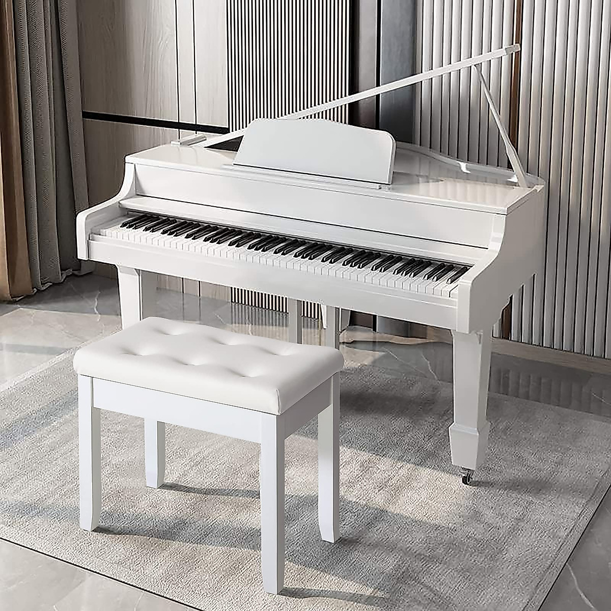 Iwell Piano Bench with Padded Cushion and Storage Compartment for Music Books, Keyboard Bench, Vanity Stool Chair with Solid Wood Leg, 20.5" L x 12.6" W x 19.7" H, White