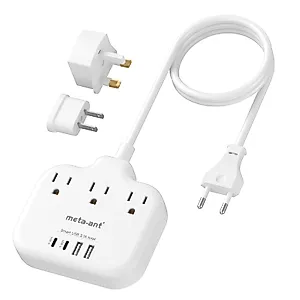 European Travel Plug Adapter, US to European Plug Adapter with 3 American Outlets & 4 USB, 3ft European Power Cord, International Travel Power Strip, Type C for Europe EU Germany France, Travel, White