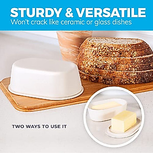 White Cream Butter Dish with Lid For Countertop - Modern Bamboo Butter Crock - Dishwasher Safe Butter Keeper Tray - Perfect Size Butter Holder Container For Large European Style Butter like Kerrygold