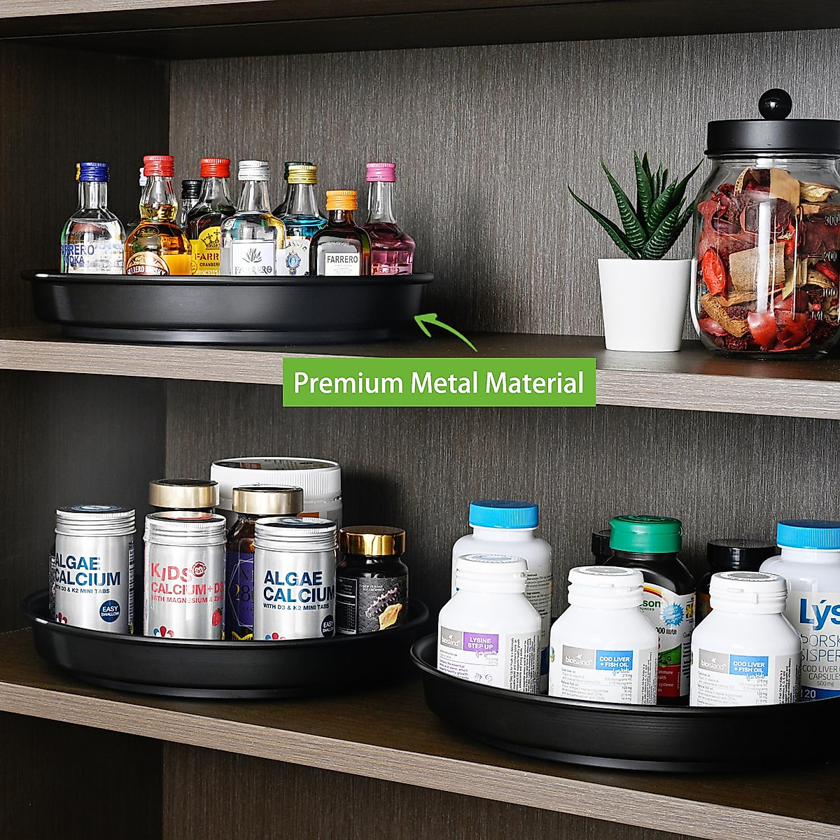 Amolliar 10" 2 Pack Lazy Susan, Non-Skid Rotating Metal Turntable Organizer for Cabinet, Kitchen, Fridge, Pantry Storage, Vanity, Bathroom, Spice Rack for Condiment Organizer, Farmhouse Decor, Black