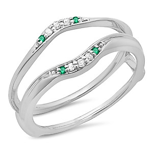 Dazzlingrock Collection Round Emerald & White Diamond Ladies Anniversary Band Guard Double Ring in 14K White Gold, Size 8.5